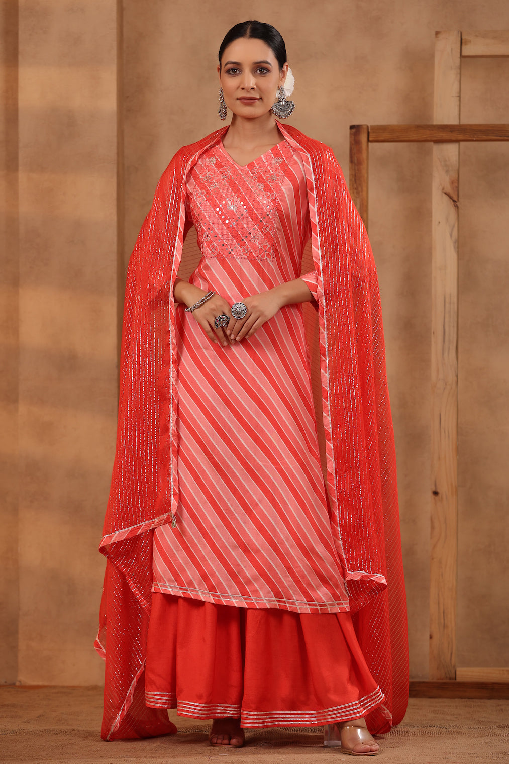 Peach Lehariya Sharara Set with Chiffon dupatta – Mahee Jaipur