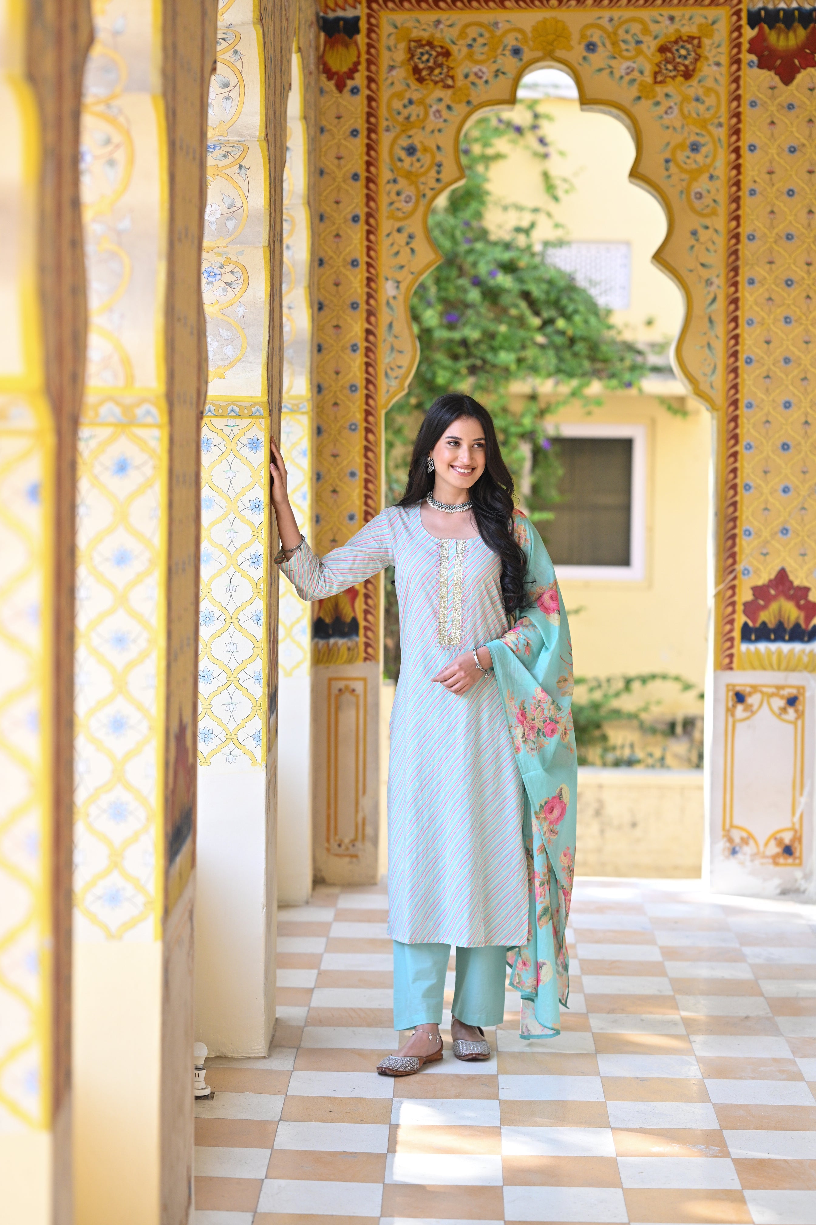 Blue Lehariya With Sequence Work on Neck and Floral Dupatta Mul Cotton ...