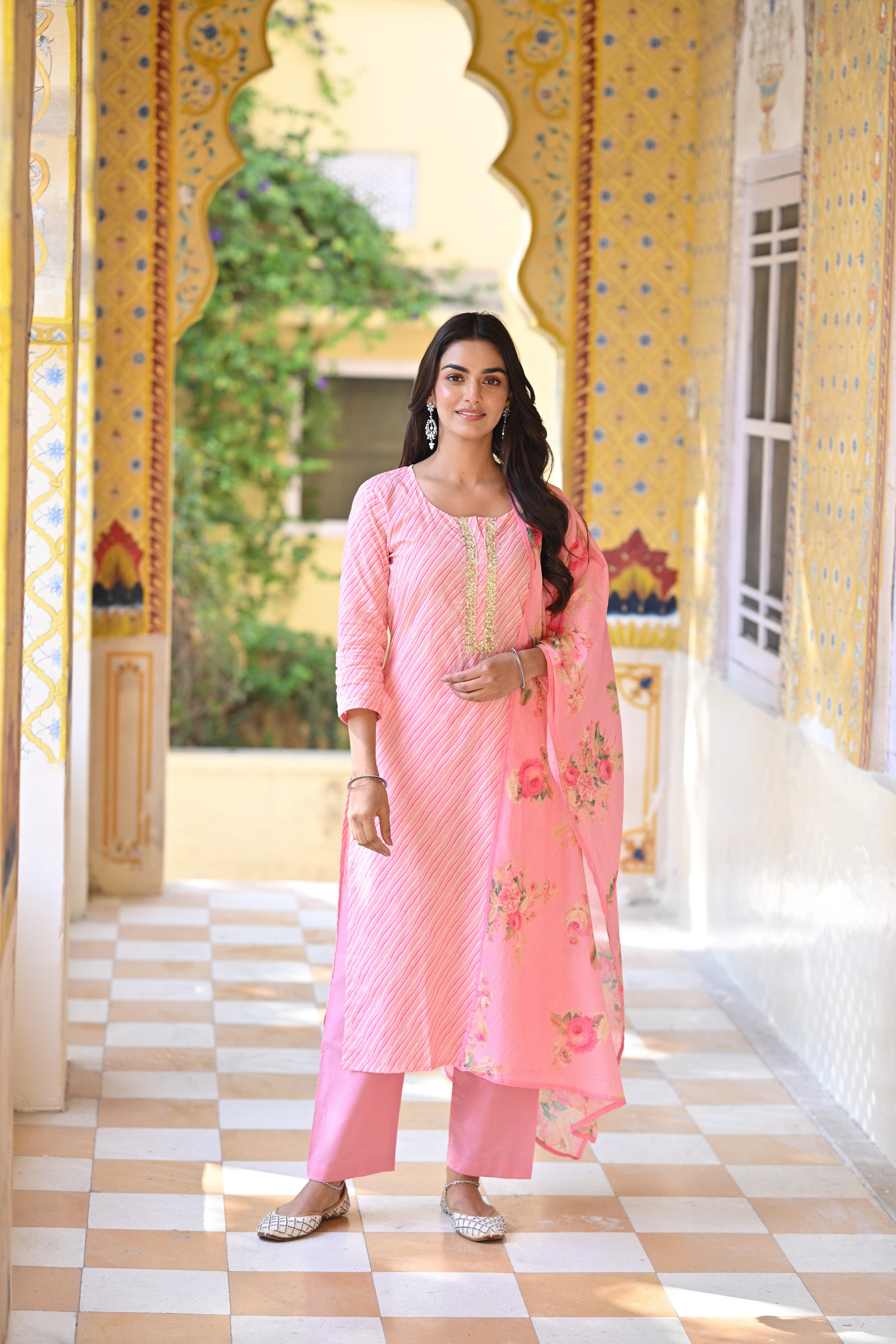 Pink Lehariya With Sequence Work on Neck and Floral Dupatta Mul Cotton ...
